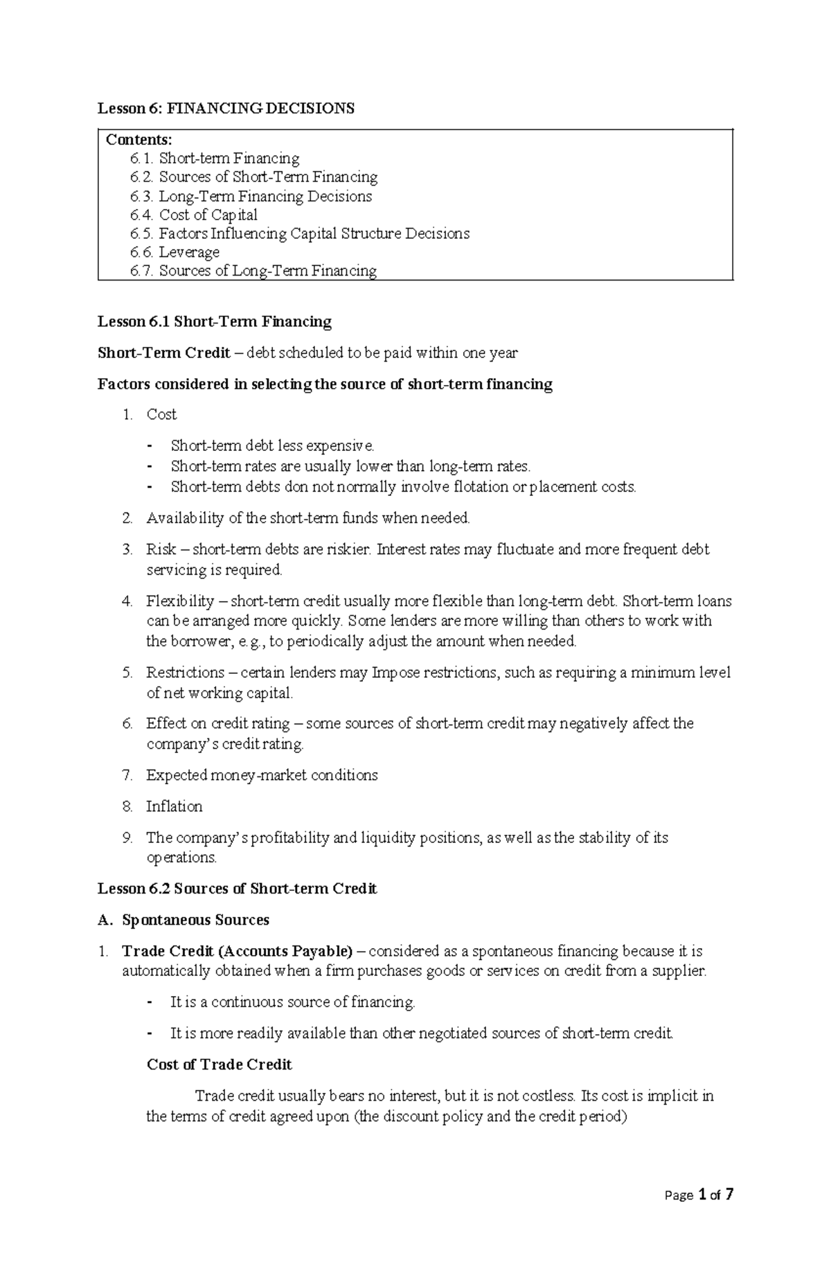Lesson 6 Financing Decisions - Lesson 6: FINANCING DECISIONS Contents ...