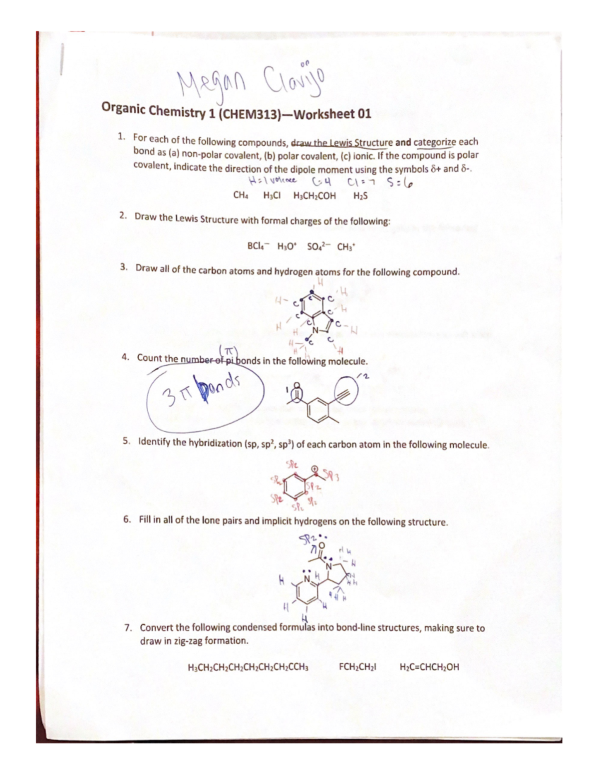 (CHEM313)-Worksheet 01 - Wagon Qovsf Organic Chemistry 1 01 se For each ...
