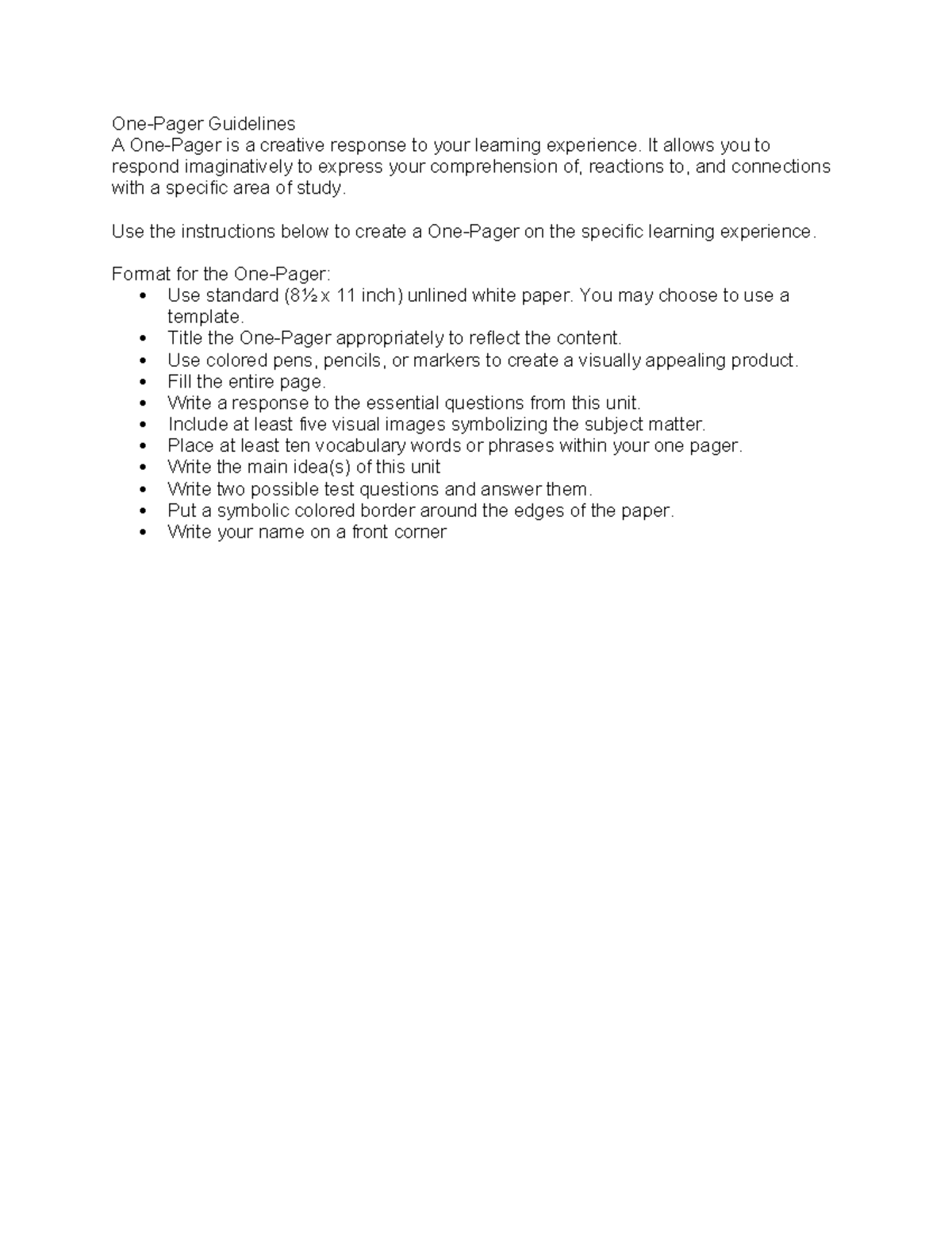 One Pager Guidelines - project - One-Pager Guidelines A One-Pager is a ...