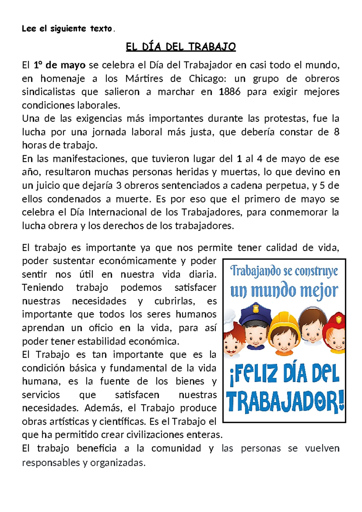 Ficha Día del trabajo - Lee el siguiente texto. EL DÍA DEL TRABAJO El 1 ...