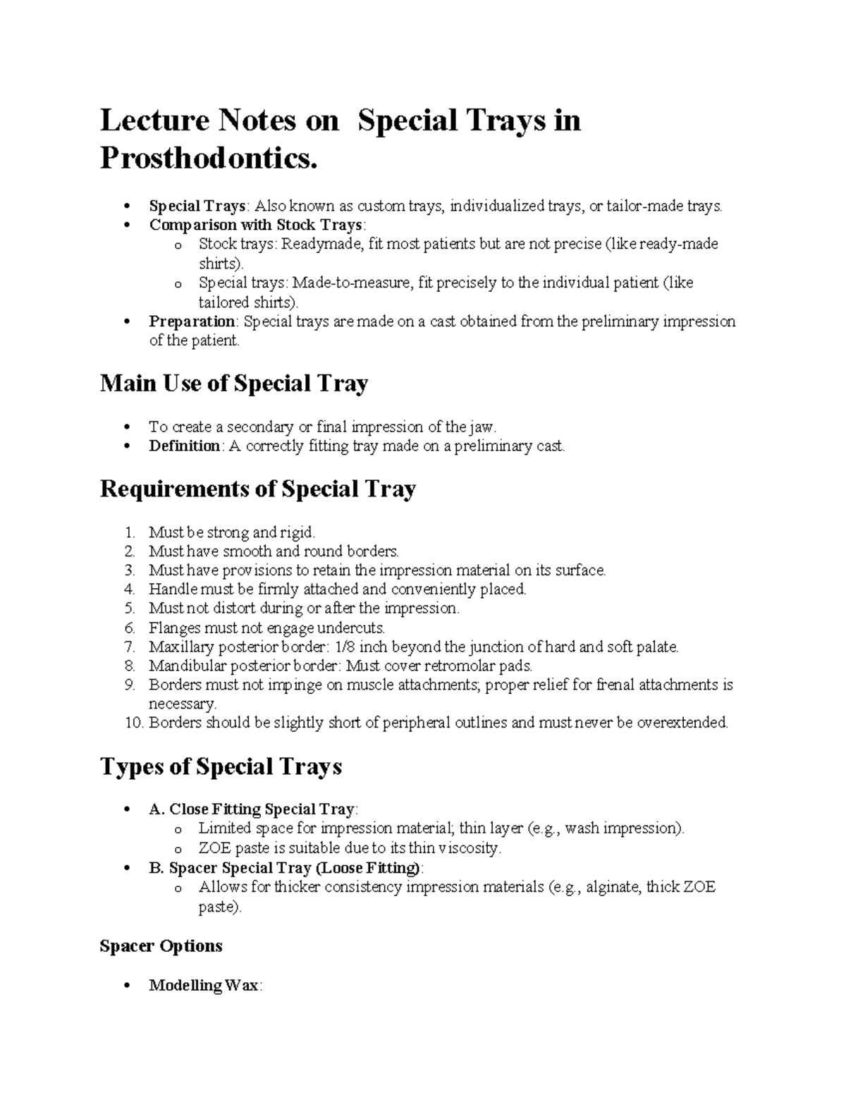 Lecture Notes on Special Trays in Prosthodontics - Special Trays: Also ...