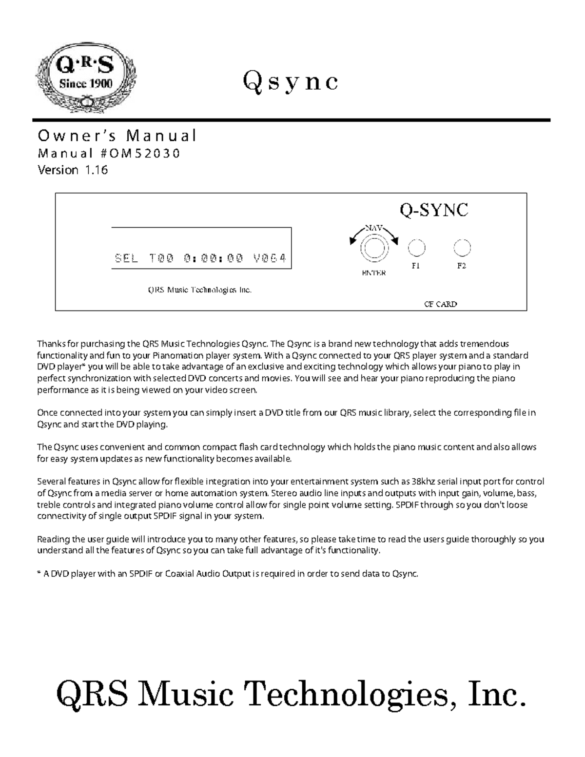 Qsync Owners Manual 116 1 Full Page - Thanks for purchasing the QRS ...