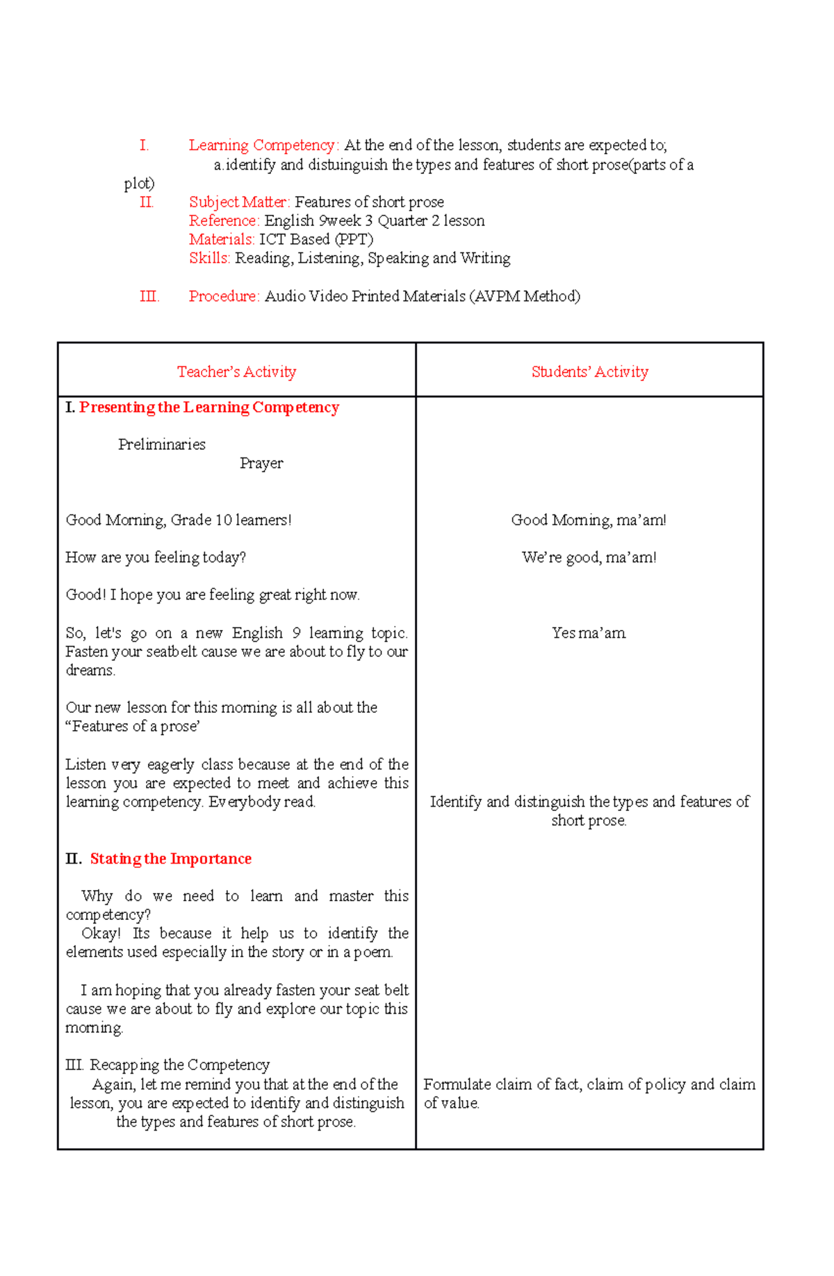 Features of prose(AVPM Method) - I. Learning Competency: At the end of ...