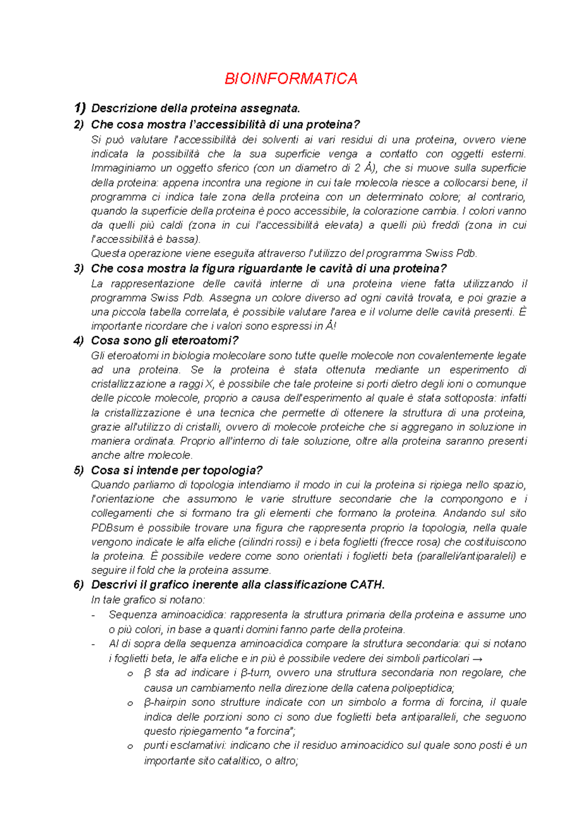 Bioinformatica - domande esame - BIOINFORMATICA 1) Descrizione della ...
