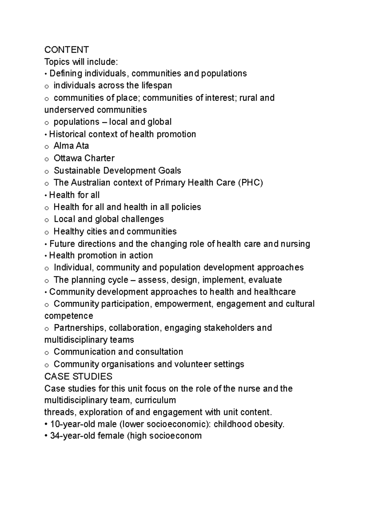 Bulding healthy community - CONTENT Topics will include: • Defining ...