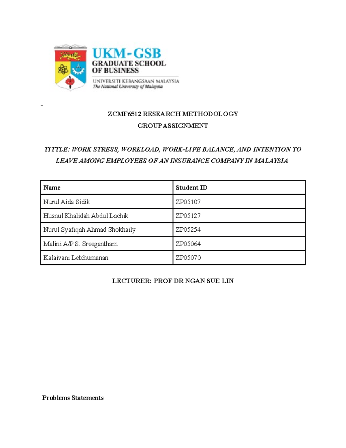RM - Group Assignments - assignemnts - ZCMF6512 RESEARCH METHODOLOGY GROUP ASSIGNMENT TITTLE ...