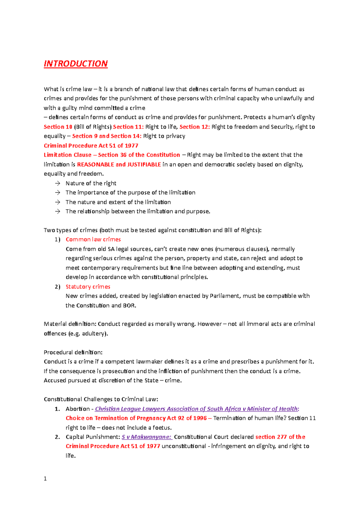 Criminal Law Notes - INTRODUCTION What is crime law – it is a branch of ...