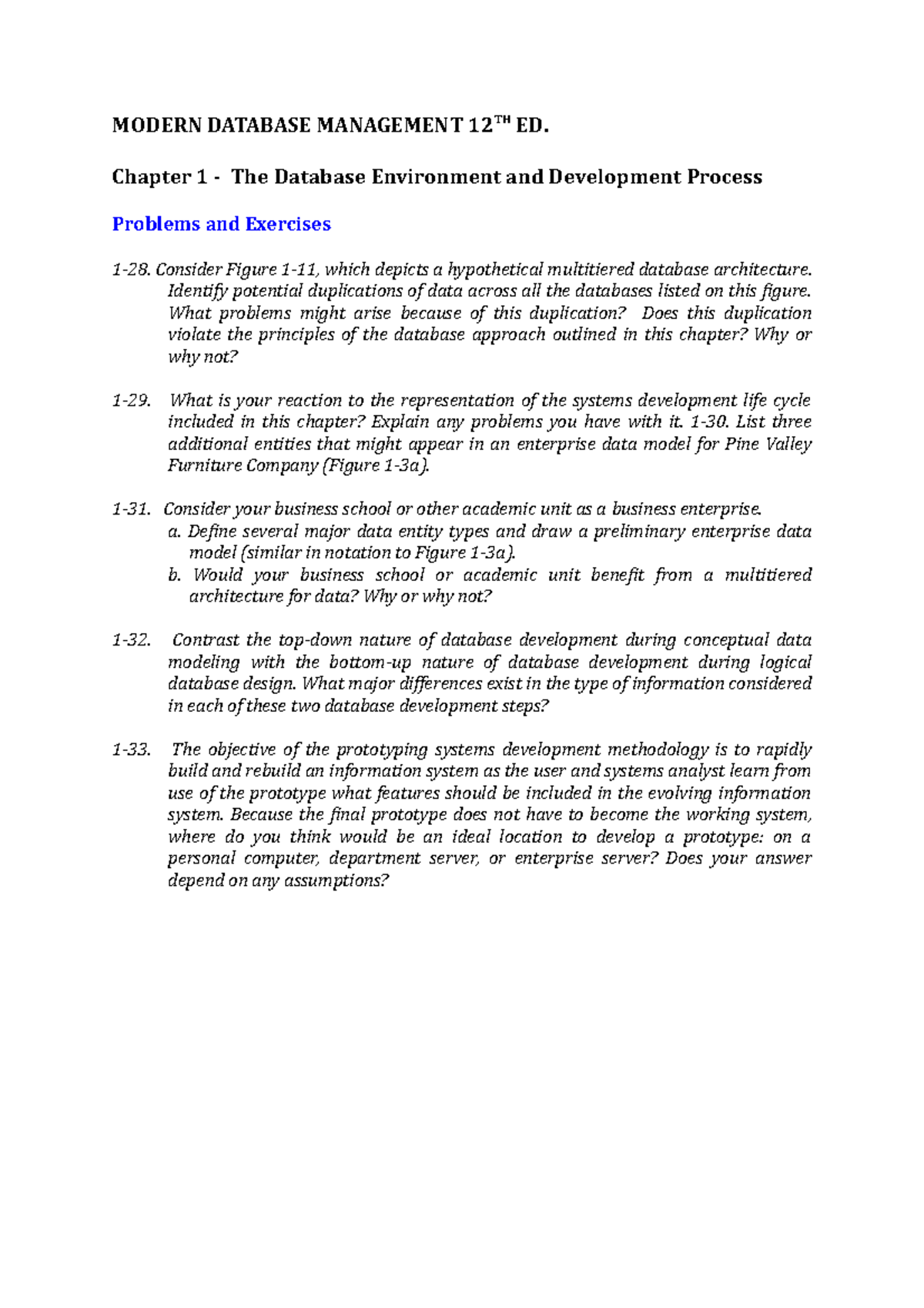 Problems and Exercises #1 - MODERN DATABASE MANAGEMENT 12TH ED. Chapter ...