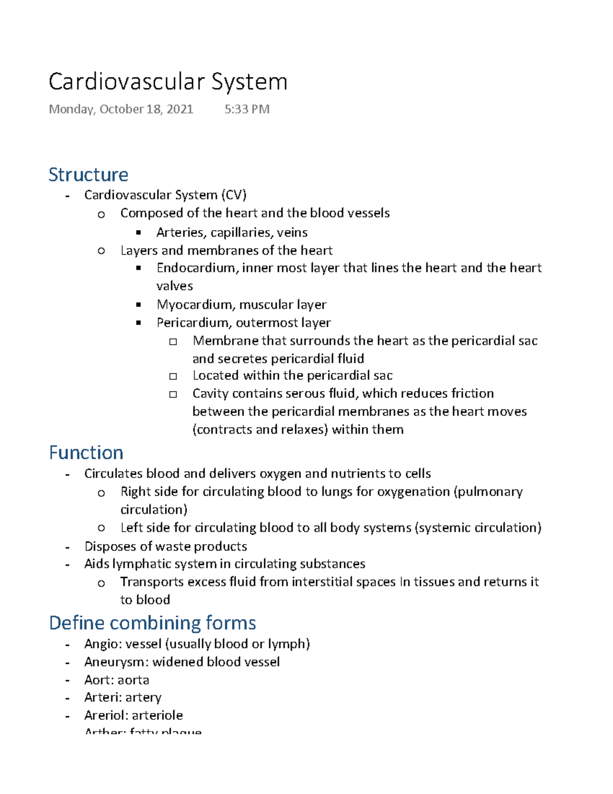 Cardiovascular System - Structure Cardiovascular System (CV) Composed ...