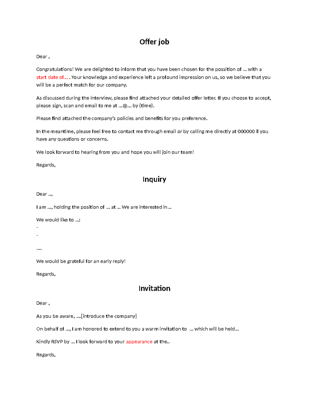 Outline - bổ ích - Offer job Dear , Congratulations! We are delighted ...