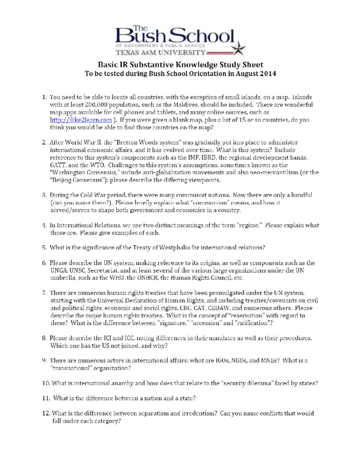 Basic IR Study Guide - George Bush School of Government and - (LAWS4284 ...