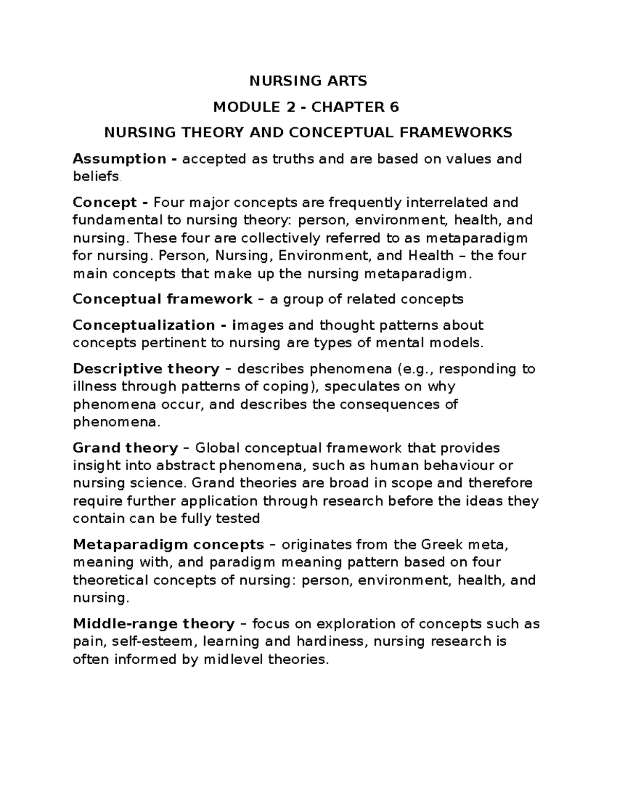 Nursing ARTS - Module 2 - ch 6 - nursing theory and conceptual ...