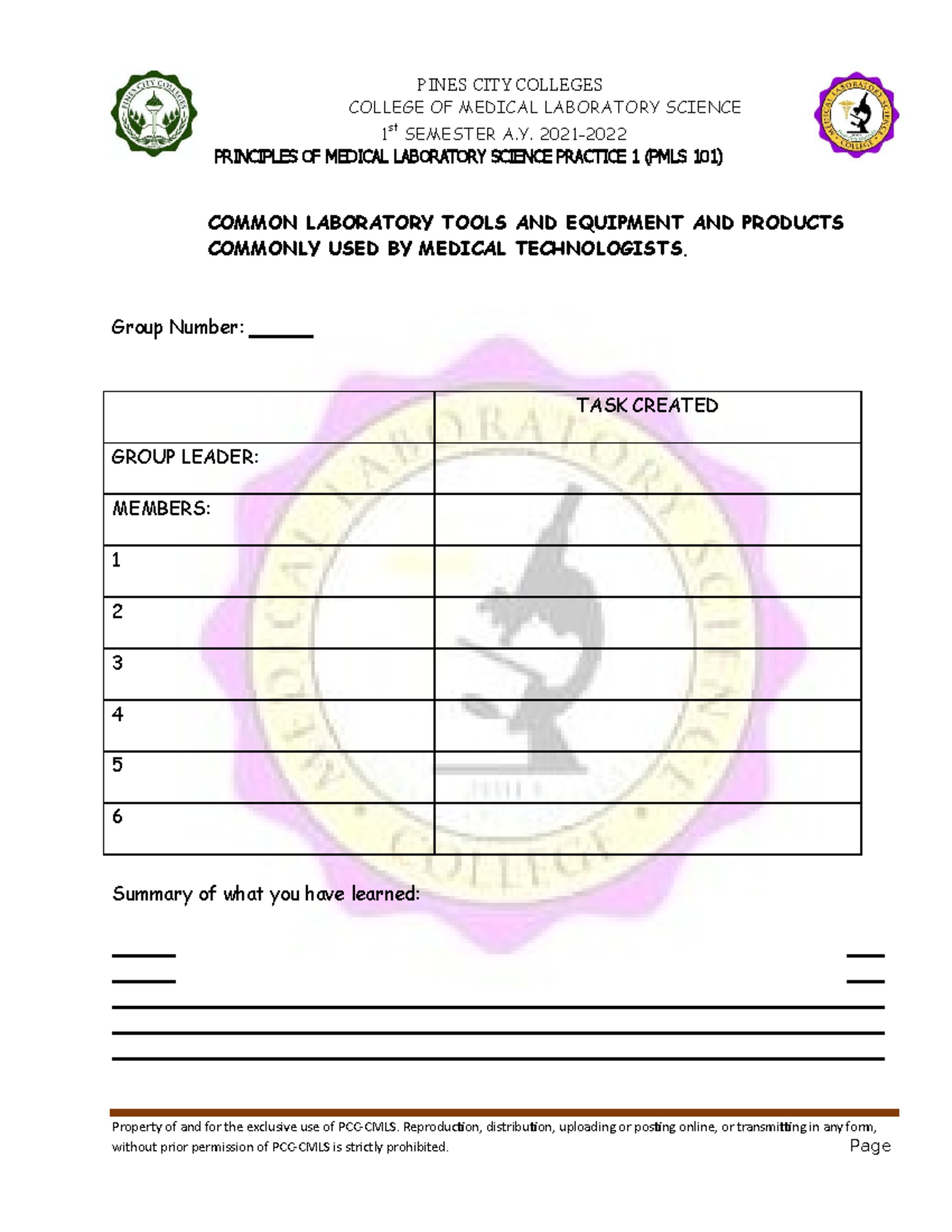 Activity ON Tools AND Products Commonly USED BY MTs - PRINCIPLES OF MED ...