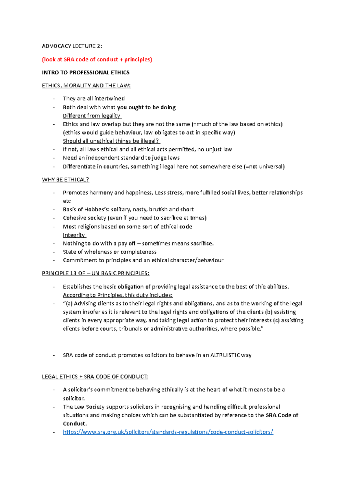 Advocacy LCT 2 - professional ethics - ADVOCACY LECTURE 2: (look at SRA ...