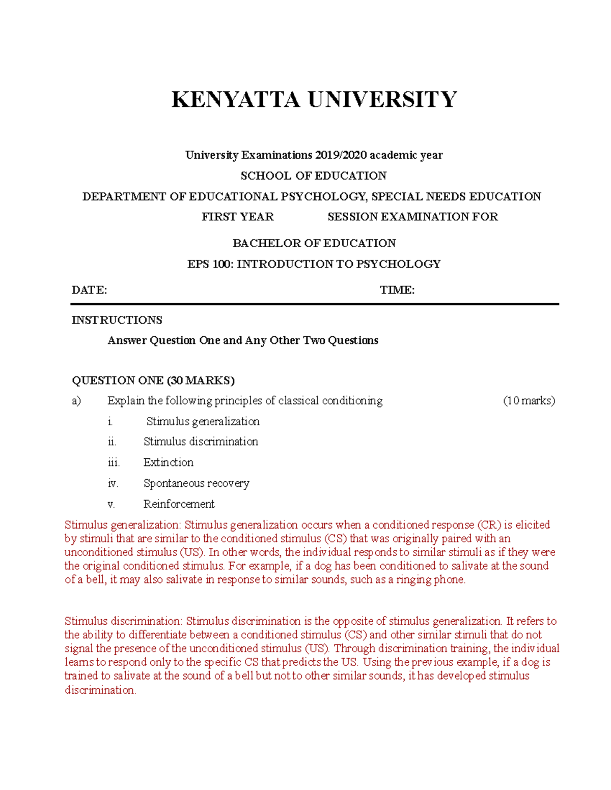 EPS 100 Introduction TO Psychology - KENYATTA UNIVERSITY University ...