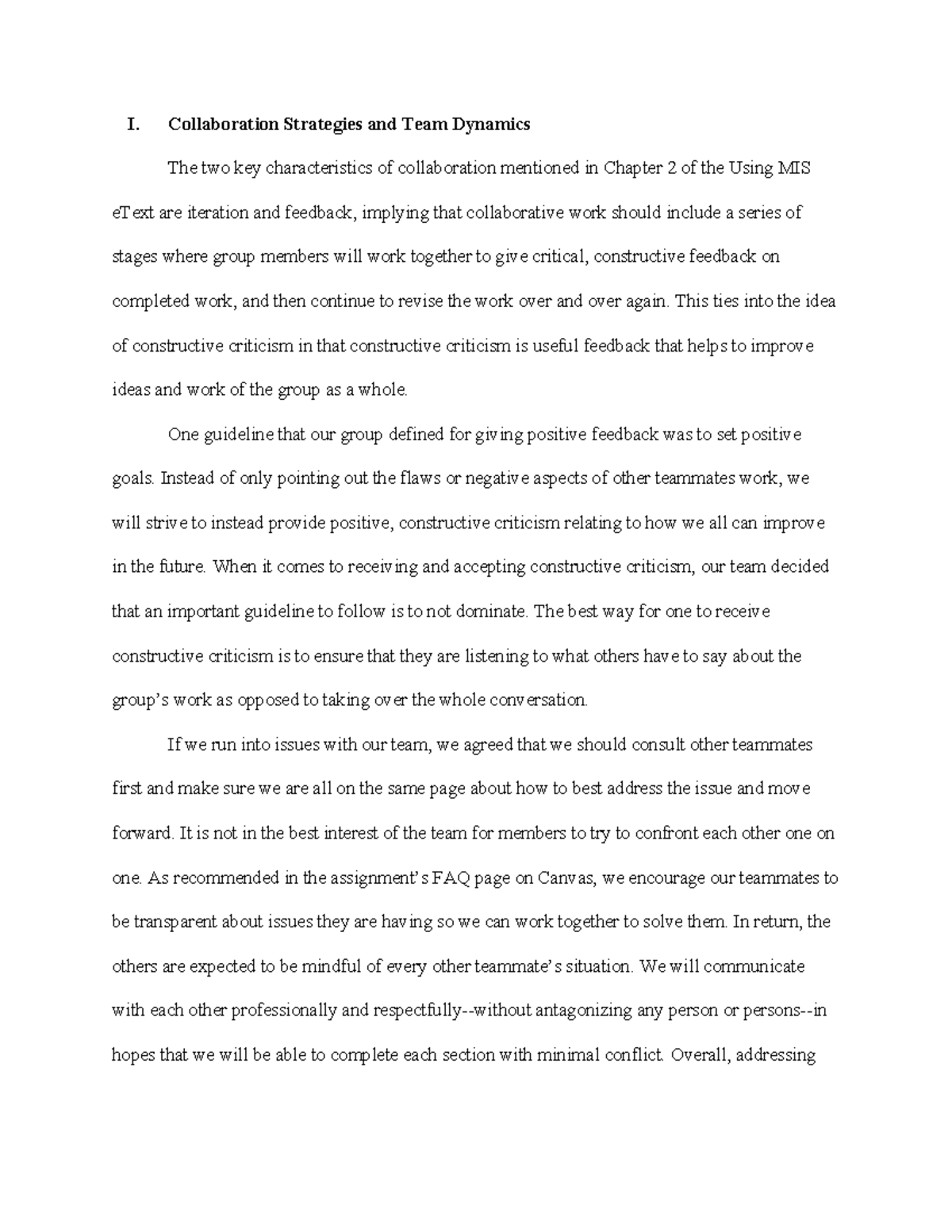 K201 Lecture Deliverable A - I. Collaboration Strategies and Team Dynamics The two key - Studocu