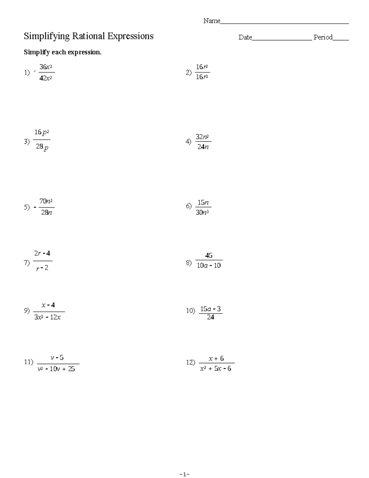 Simplifying Rational Expressions - Name Simplifying Rational ...