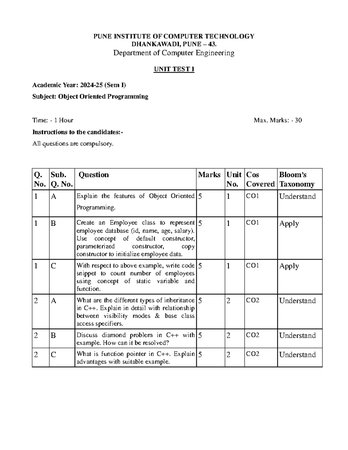 Unit Test 24-25 SEM I UT1 - PUNE INSTITUTE OF COMPUTER TECHNOLOGY ...