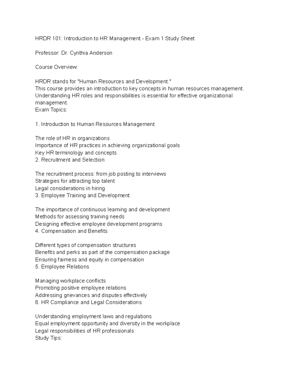 HRDR 392 Exam 1 - This course provides an introduction to key concepts ...