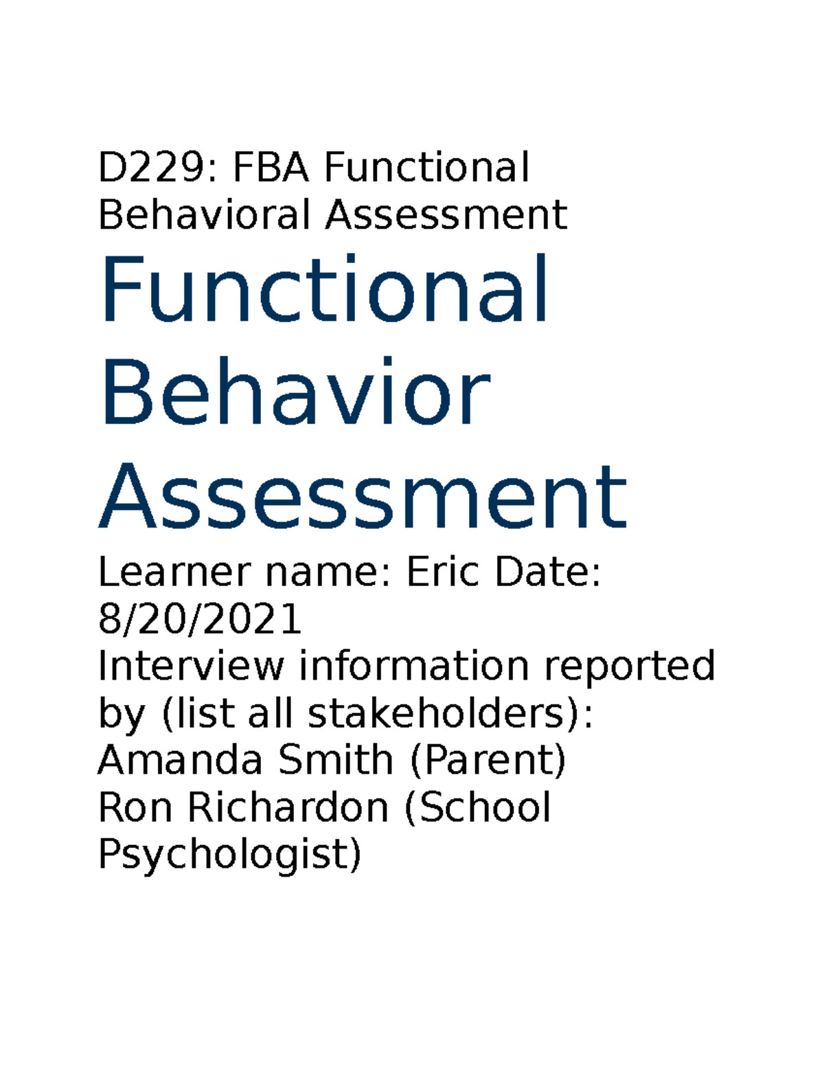 Functional Behavior Assessment and Behavior Improvement Plan - D229 ...