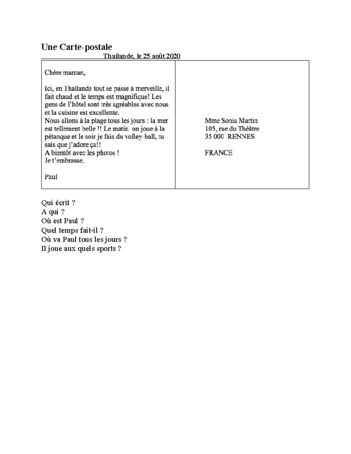 La carte postale french - Une Carte-postale Thailande, le 25 août 2020 ...