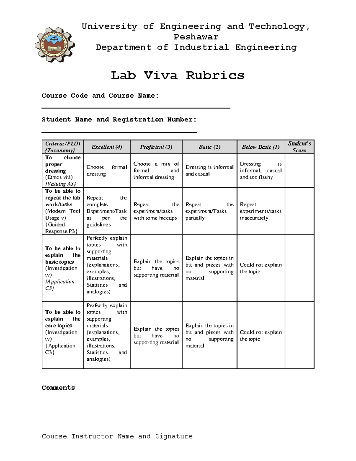 Lab-Viva-Rubrics - Engineering Statics - UET Peshawar - Studocu