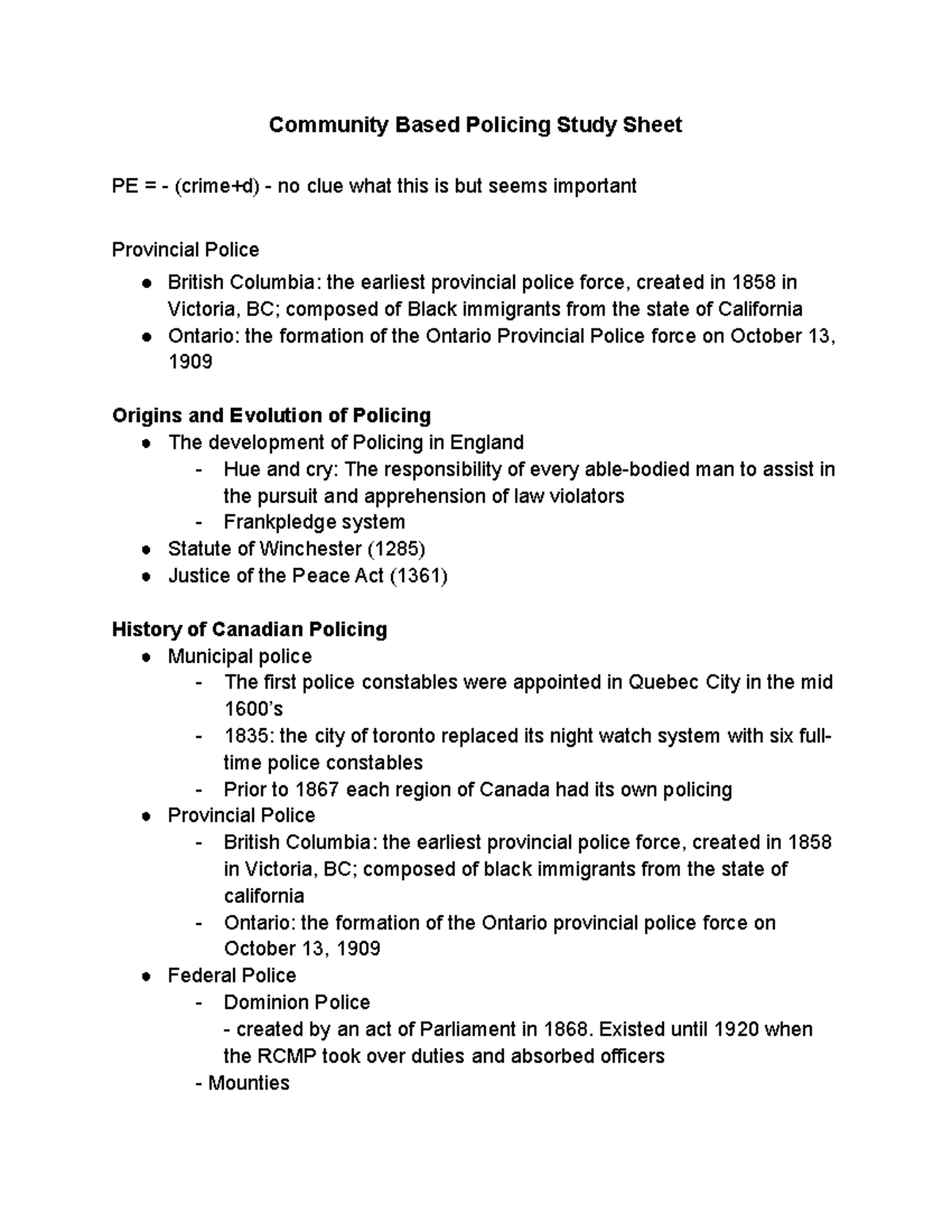 Community Policing Study Sheet - Community Based Policing Study Sheet ...