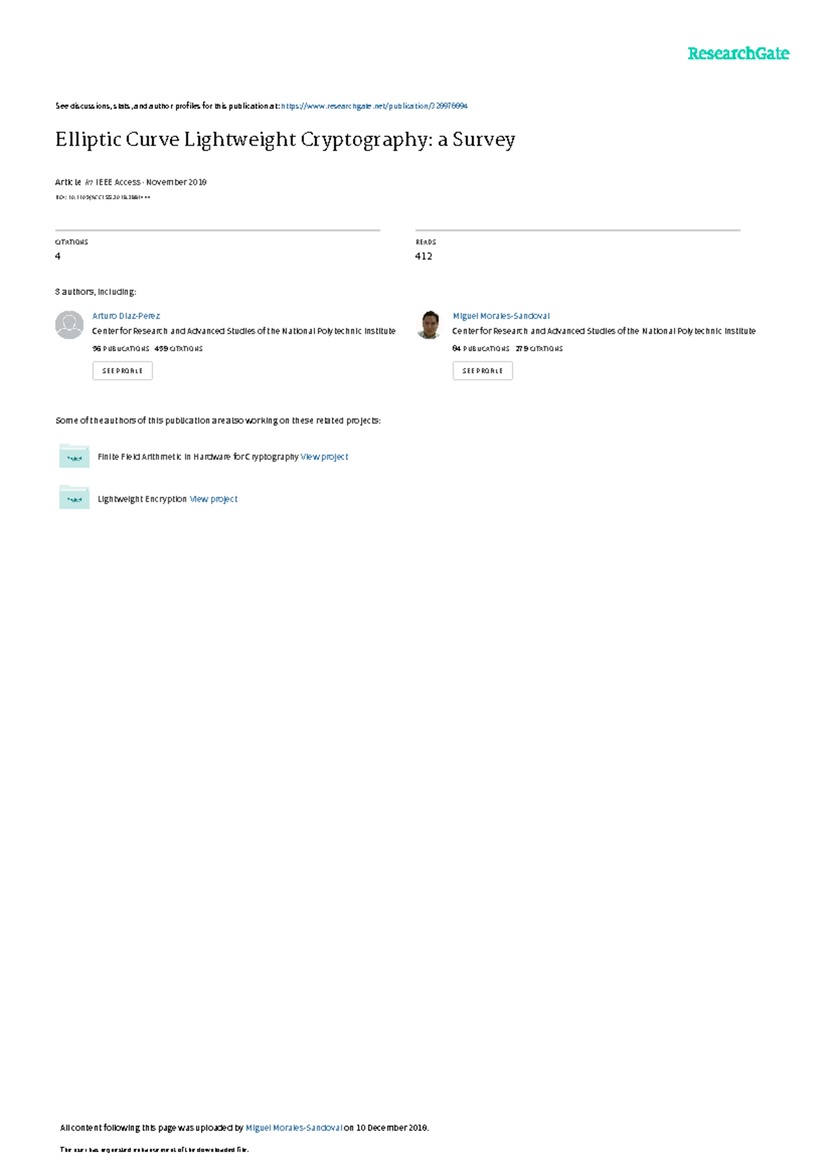 +2018-Elliptic Curve Lightweight Cryptography a Survey - See ...