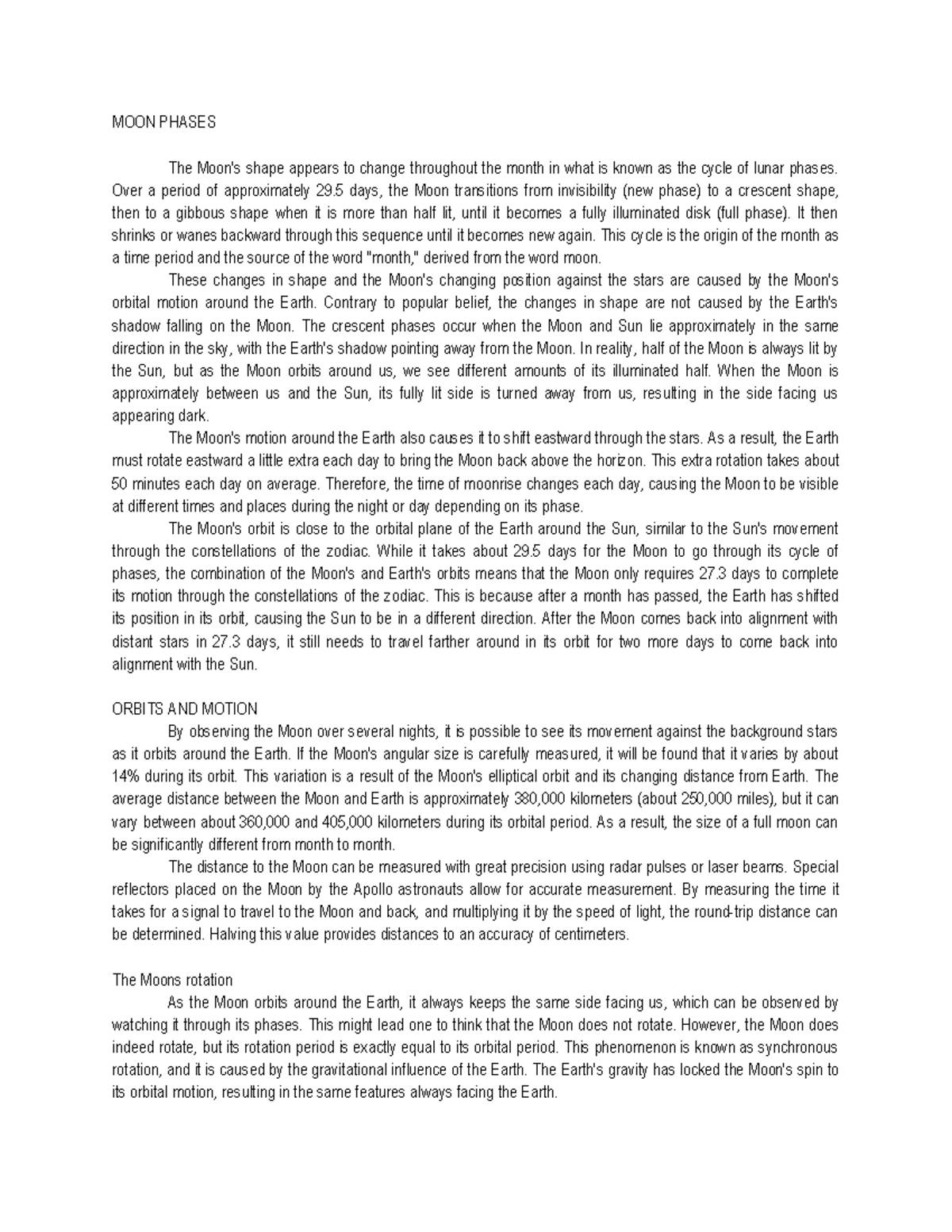 DEMO Script - MOON PHASES The Moon's shape appears to change throughout ...