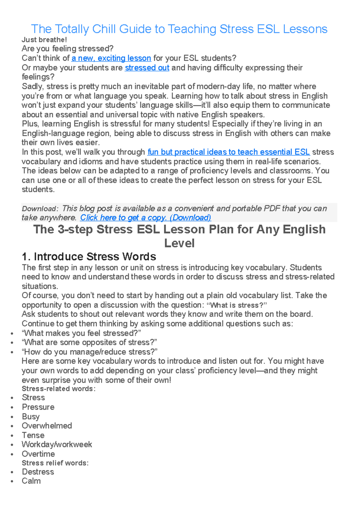 Lesson - Stress questions idioms and syn-opp - The Totally Chill Guide ...