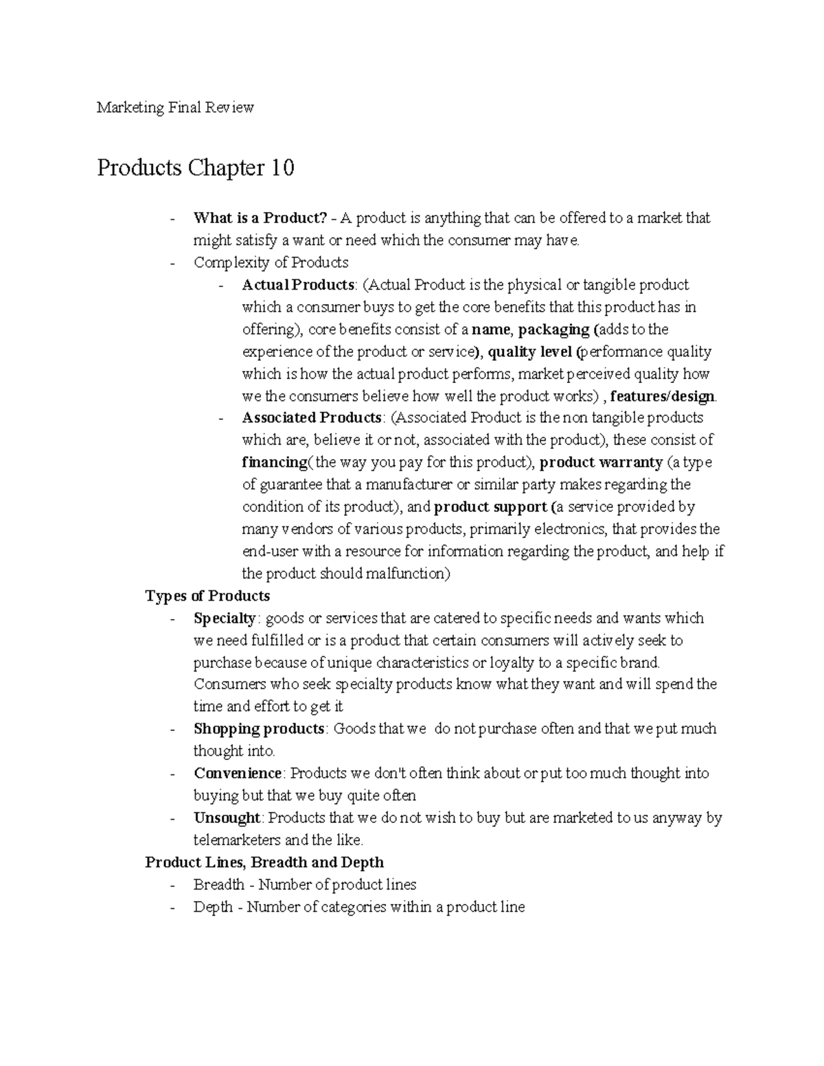 Marketing Final Review - Marketing Final Review Products Chapter 10 ...