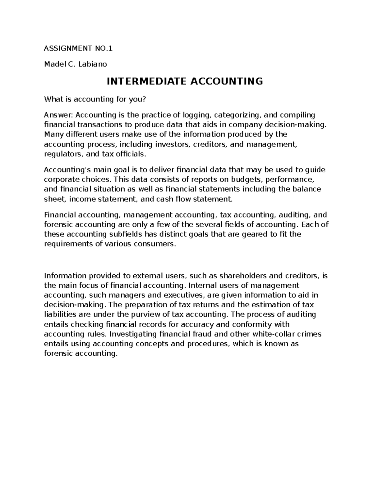 Accounting 1 - ASSIGNMENT NO. Madel C. Labiano INTERMEDIATE ACCOUNTING ...