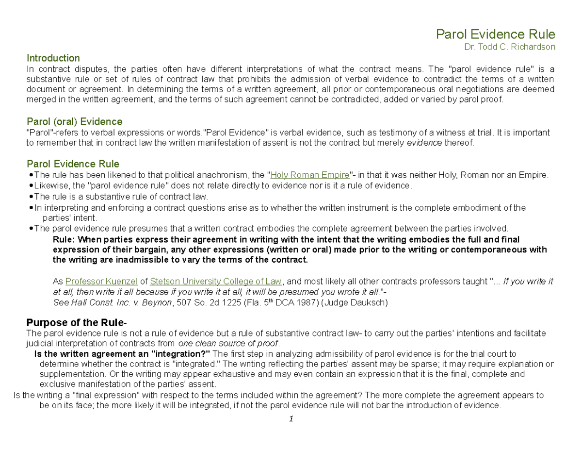 Parol+Evidence+Rule - Lecture notes n/a - Parol Evidence Rule Dr. Todd ...