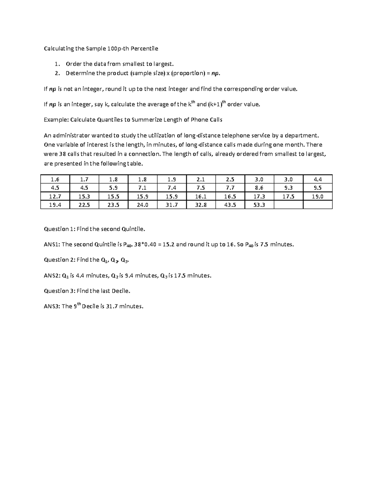 Quantile Notes - Calculating the Sample 100p-th Percentile Order the ...