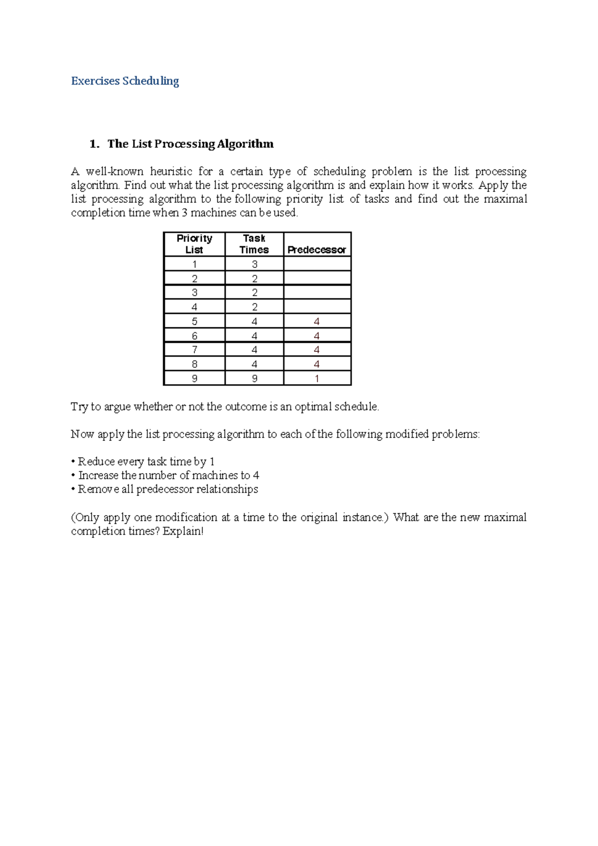 Scheduling Exercises Exercises Scheduling 1 The List Processing Algorithm A Well Known 