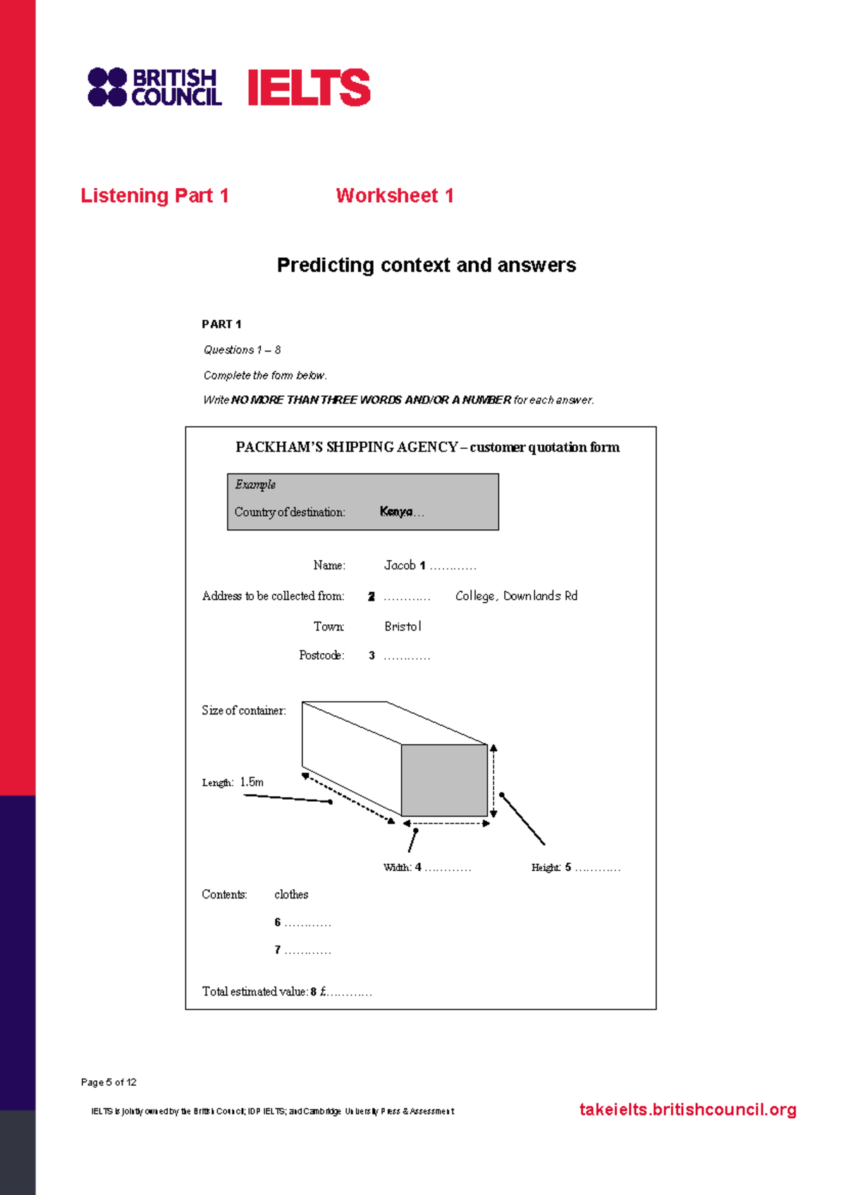 Listening Worksheet - jsjajajkkammsk - Page 5 of 12 Listening Part 1 ...
