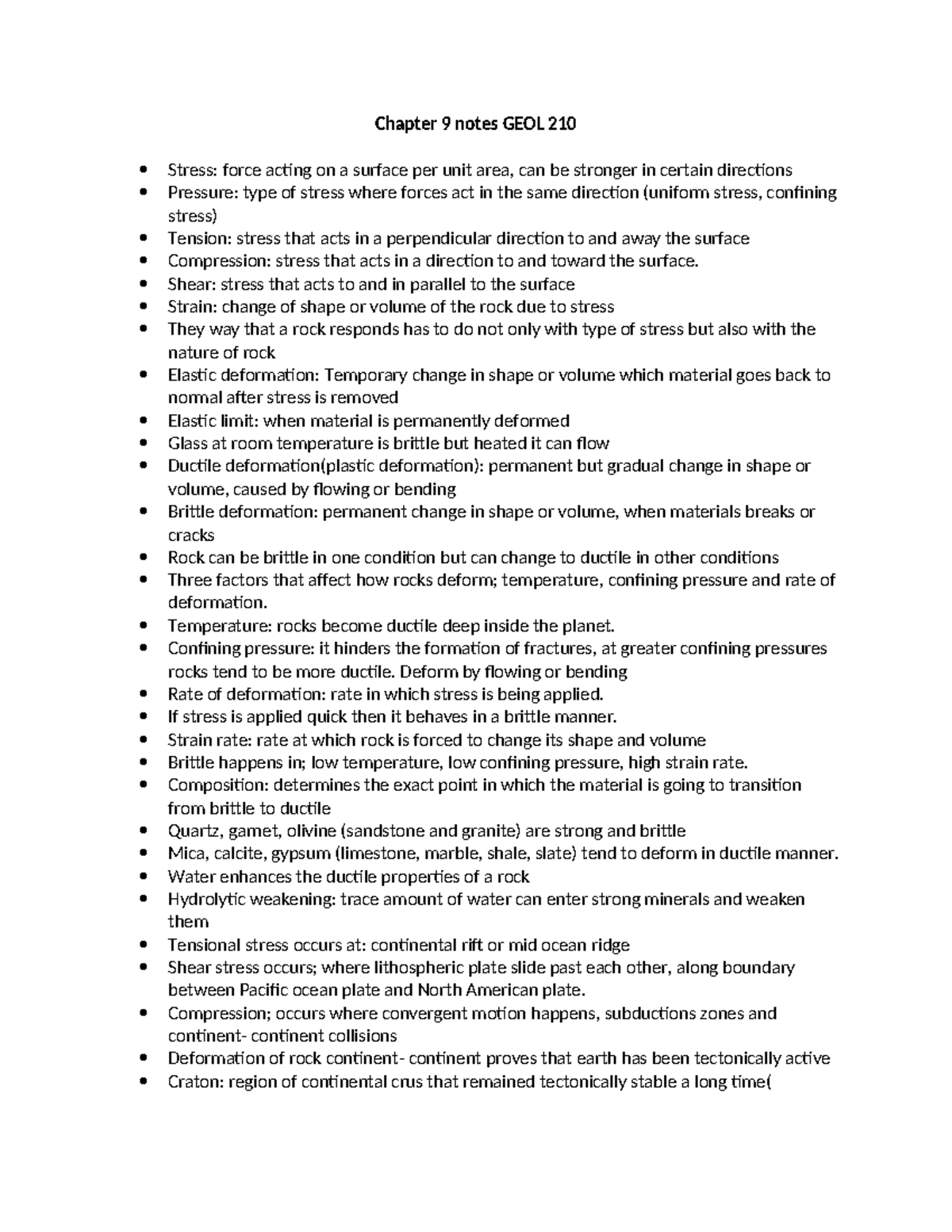 Chapter 9 notes GEOL 210 - Chapter 9 notes GEOL 210 Stress: force ...
