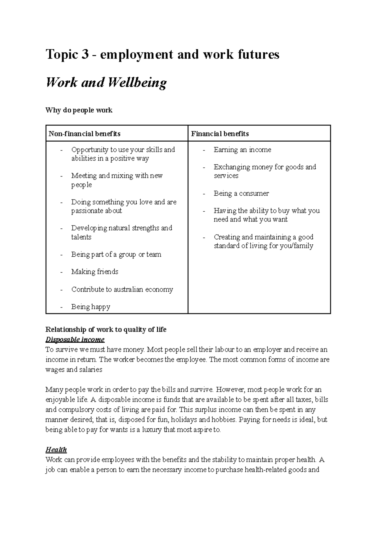 complete notes for YR 10 EMPLOYMENT AND WORK FUTURES topic - Topic 3 ...