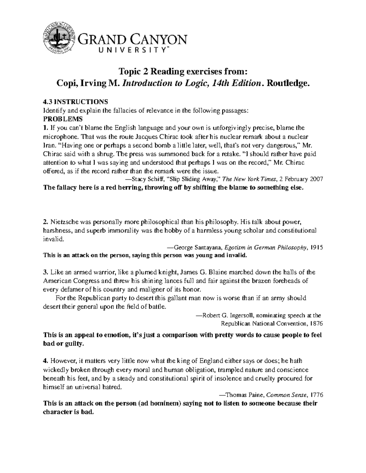 T2 Reading Excercises - Topic 2 Reading exercises from: Copi, Irving M. Introduction to Logic ...