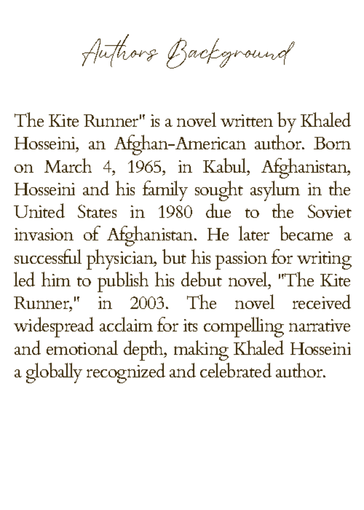 THE KITE Runner - Authors Background The Kite Runner" is a novel ...