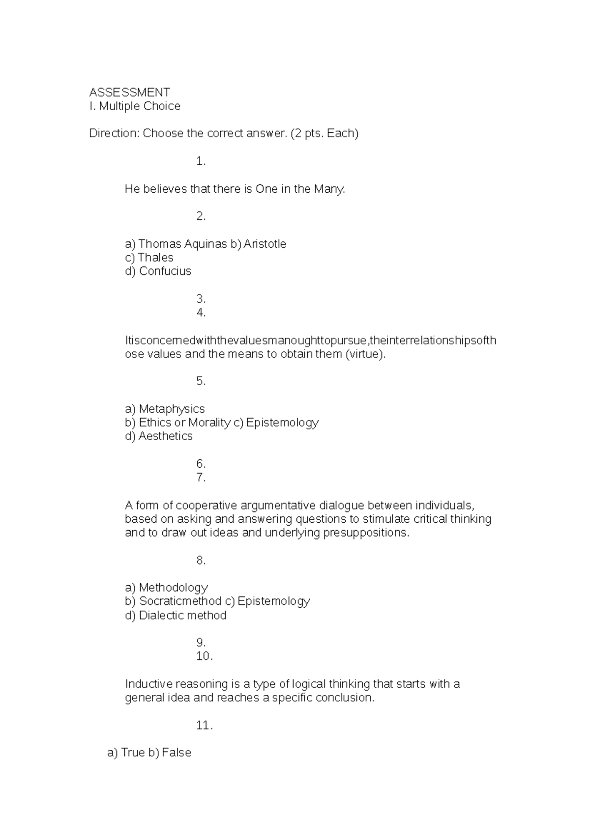 Philosophy - Assessment - ASSESSMENT I. Multiple Choice Direction ...
