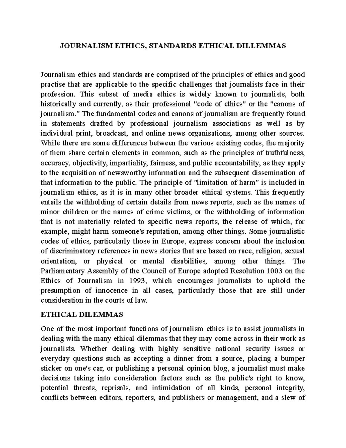 Journalism Ethics, Standards AND Ethical Dillemmas - JOURNALISM ETHICS ...