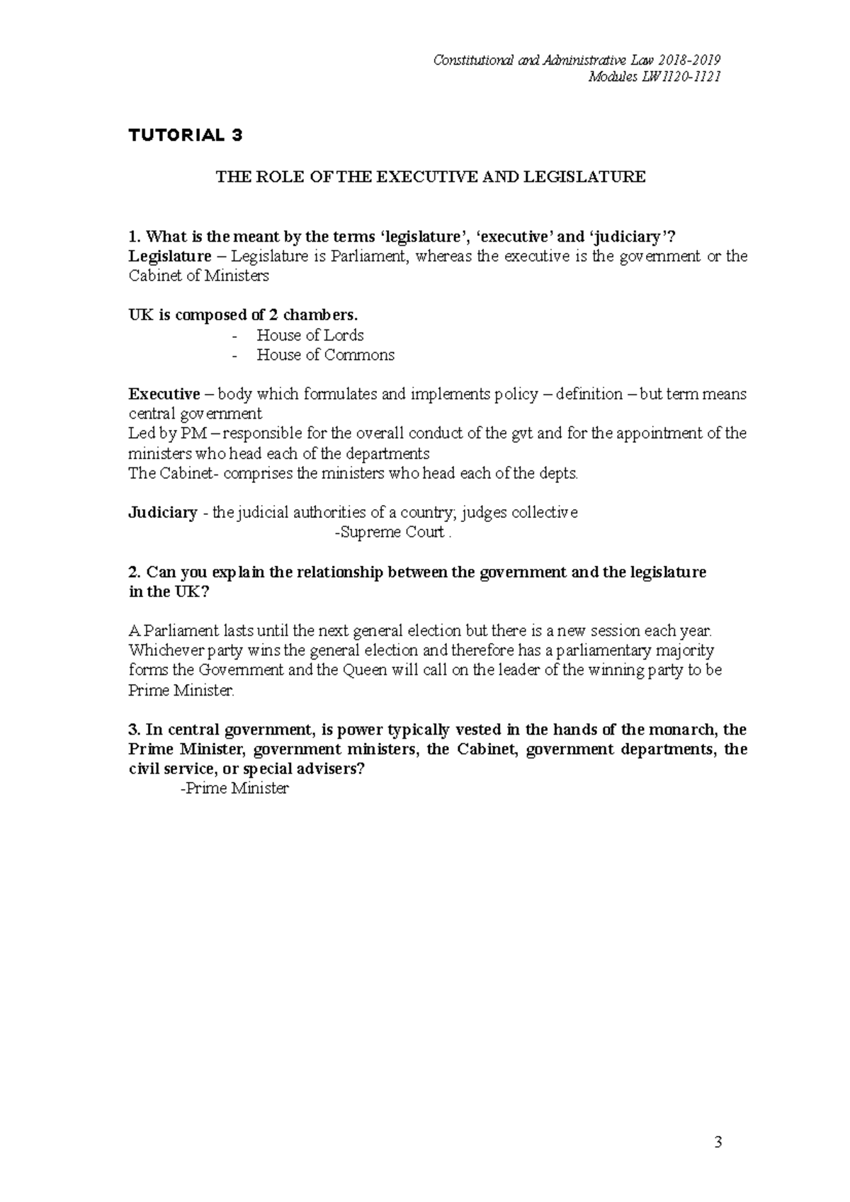 Const Tutorial 3 - TUTORIAL 3 THE ROLE OF THE EXECUTIVE AND LEGISLATURE ...