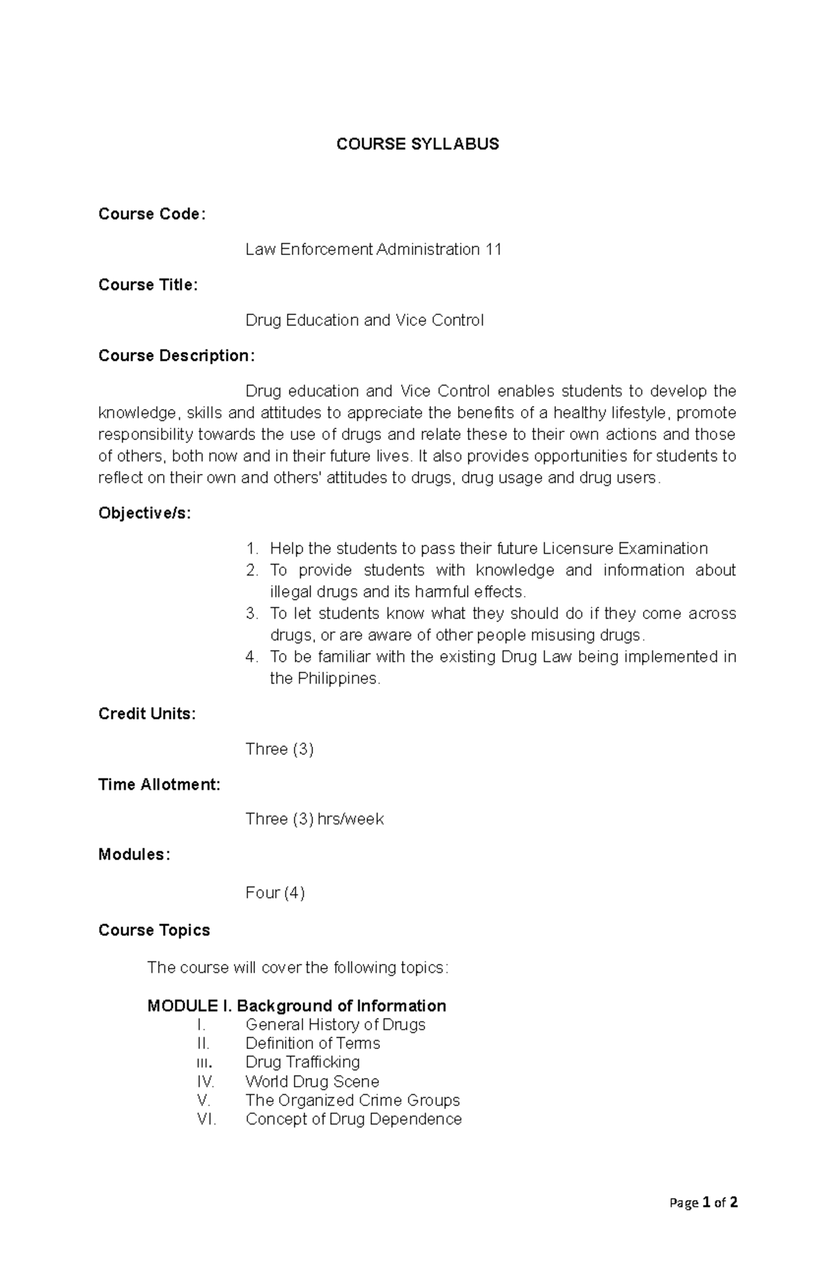 LEA 11 Syllabus - COURSE SYLLABUS Course Code: Law Enforcement ...