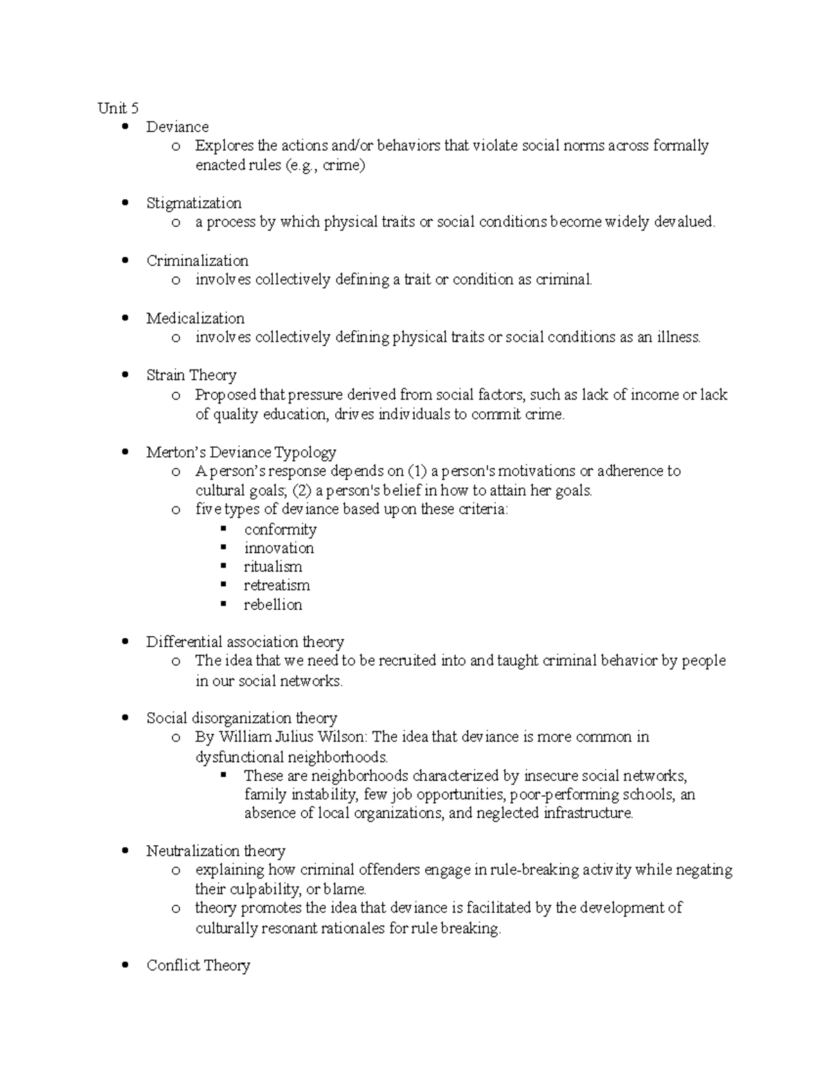 Unit 5 - Terms and Definition - Unit 5 Deviance o Explores the actions ...