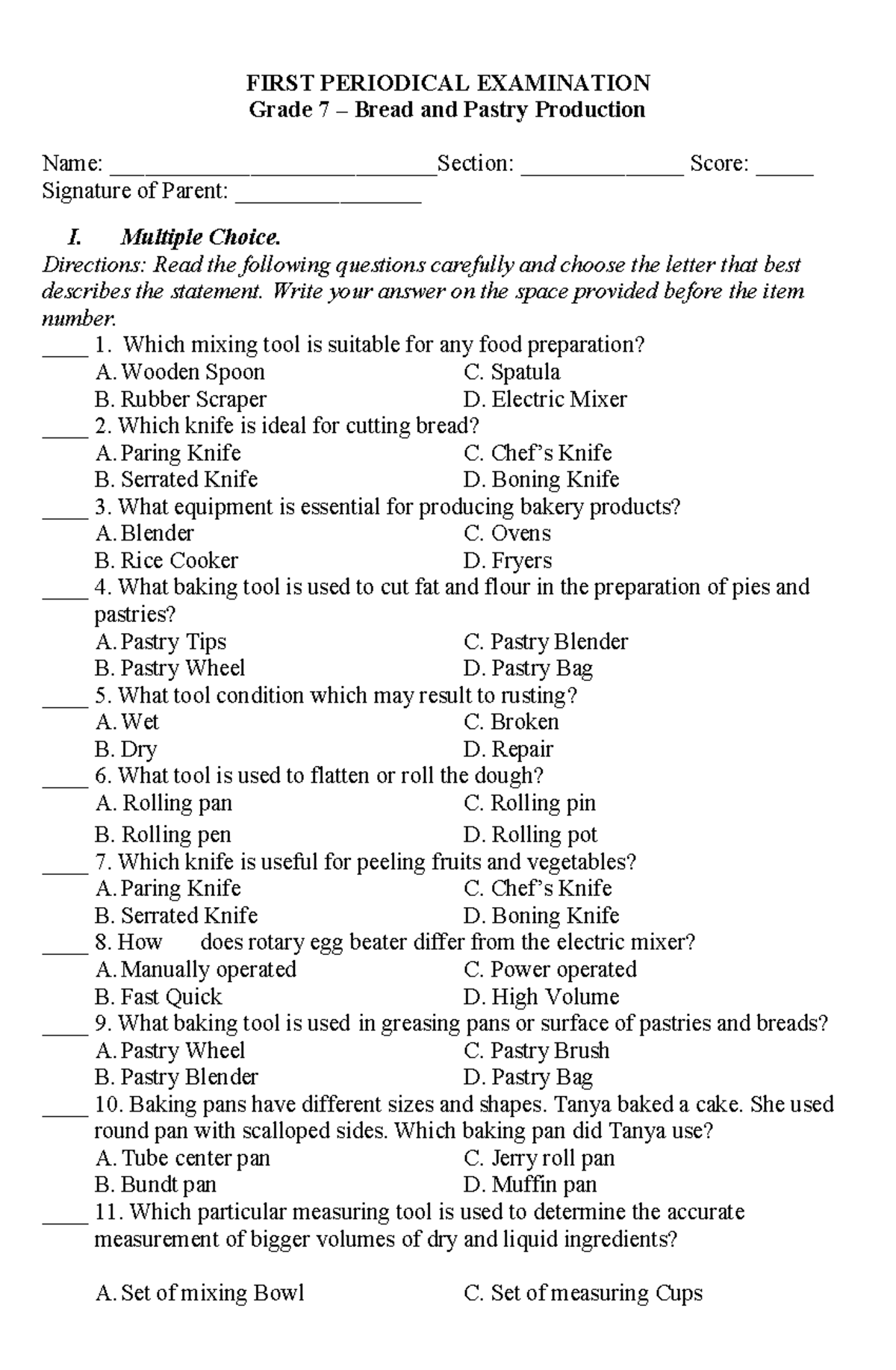 1st Quarter Examination BPP 23-24 - FIRST PERIODICAL EXAMINATION Grade ...
