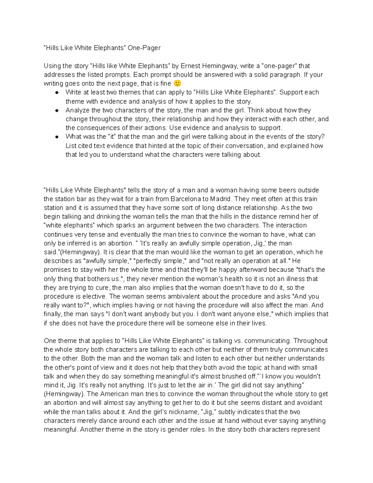 One-Pager Hills Like White Elephants - “Hills Like White Elephants” One ...