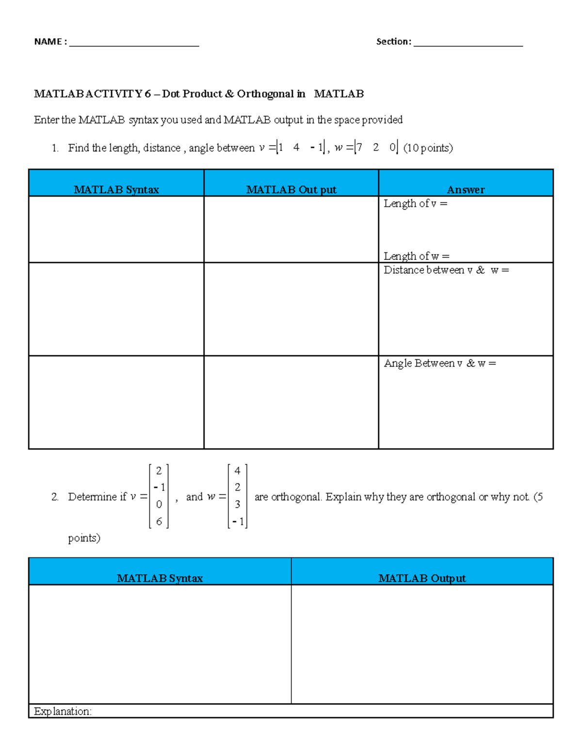Simulation Activity 6.1 - Dot Product in MATLAB - NAME : _________________________ Section ...