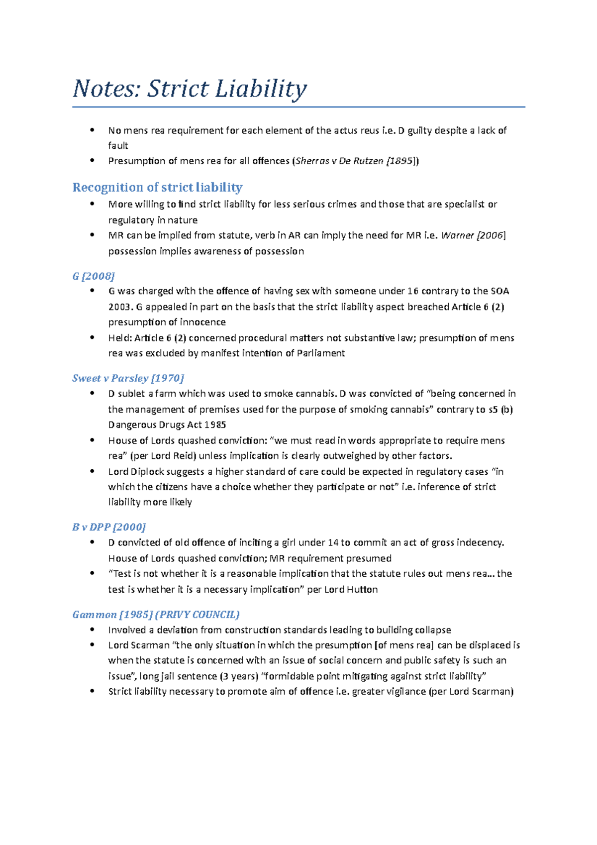 Notes Strict Liability - Notes: Strict Liability No mens rea ...
