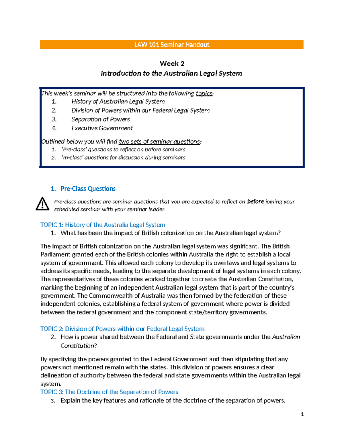 LAW 101 2022 Student Handout Seminar 2 - LAW 101 Seminar Handout Week 2 ...